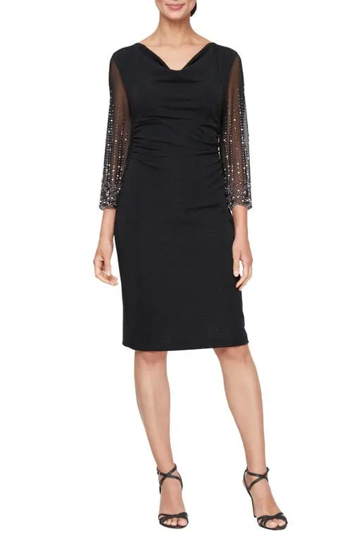 alex evenings cowl neck dress Alex Evenings Long Mesh Cold Shoulder Dress Women's Dress Black : 12