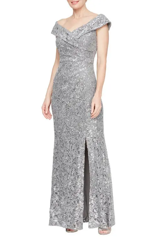 Alex Evenings Sequin Corded Lace Off The Shoulder Gown