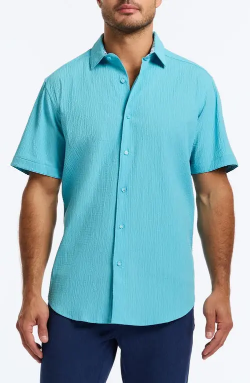 Robert Graham Thresher Classic Fit Solid Short Sleeve Cotton Seersucker Button-up Shirt - Seafoam