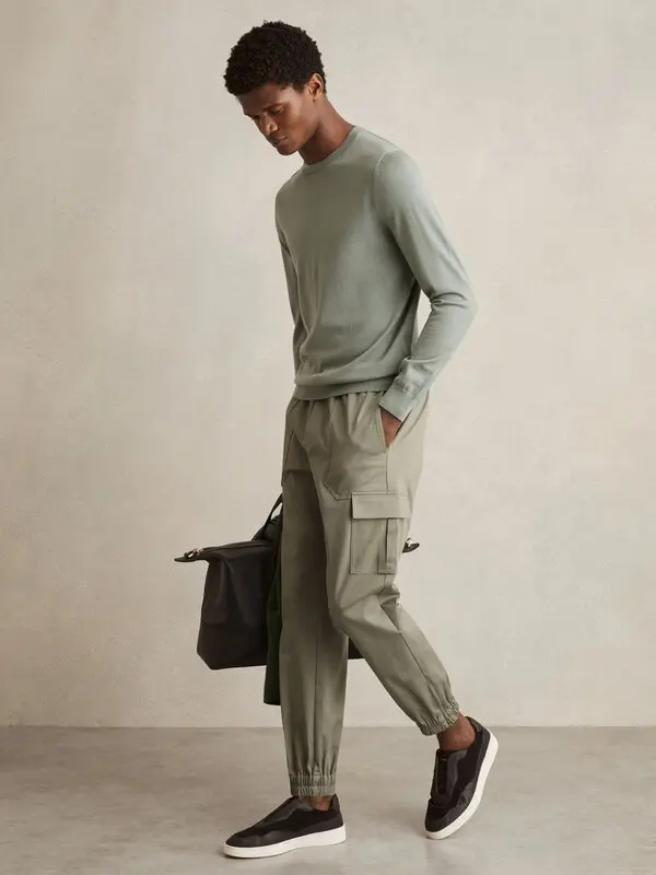 REISS Haven Cotton Cargo Trousers - Washed Khaki Green