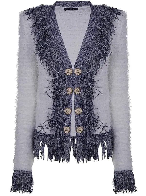 Balmain Collarless Glittered Fringed Tweed Jacket