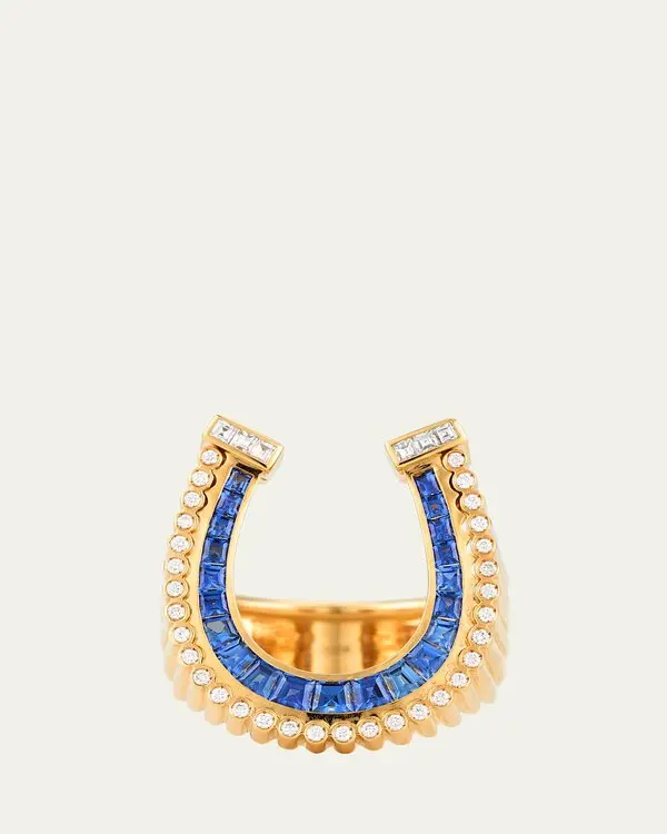 MARIE LICHTENBERG 18k Yellow Horseshoe Ring With Diamonds And Sapphires