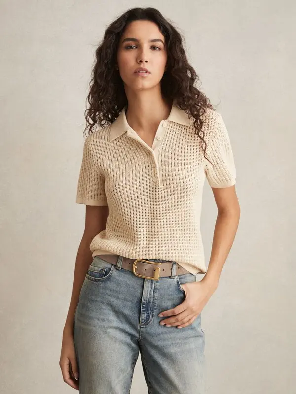 REISS Evi Cotton-blend Open-knit Polo Shirt - Ivory