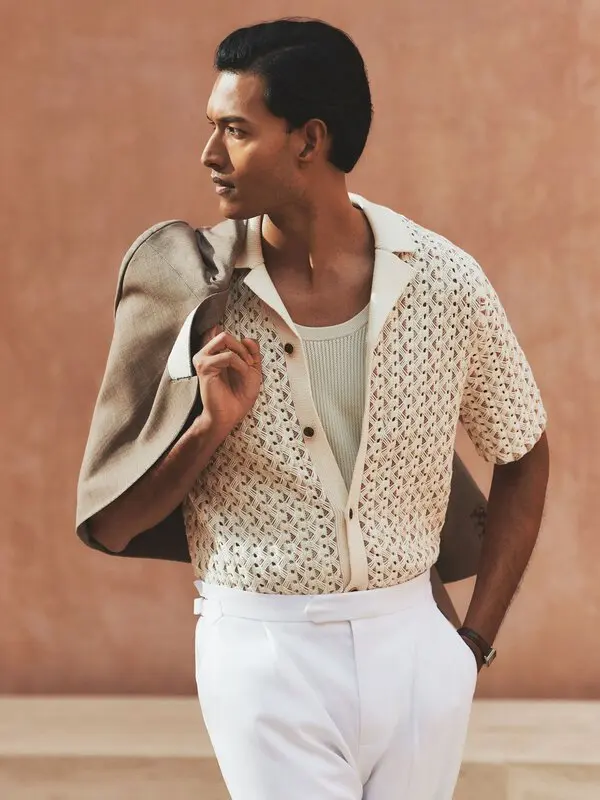 REISS Roulette Textured-knit Cuban-collar Shirt - Natural