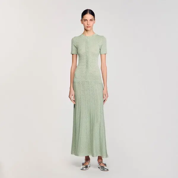 Sandro Glitter Knit Maxi Dress With Rhinestone Details - Almond Green