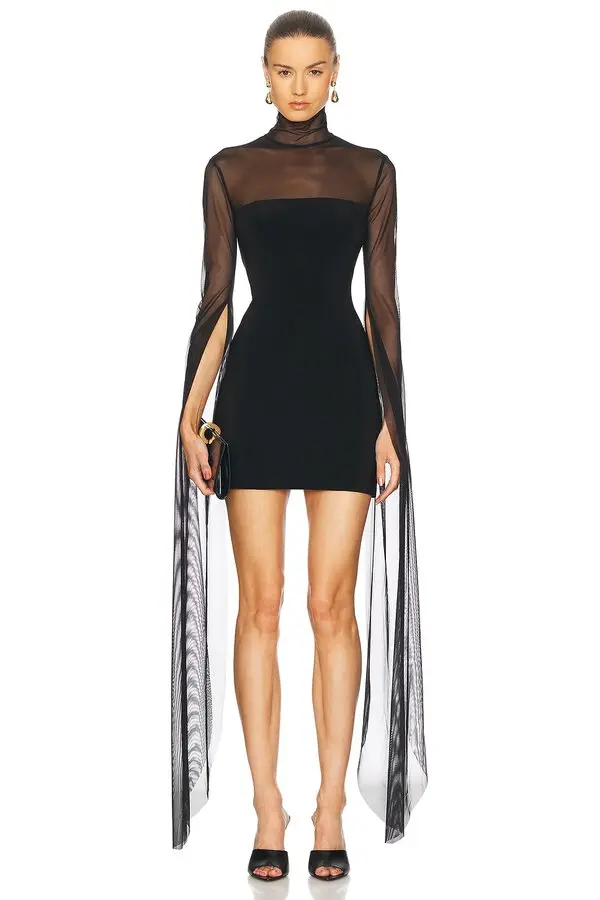 Norma Kamali Ribbon Sleeve Turtleneck Mini Dress
