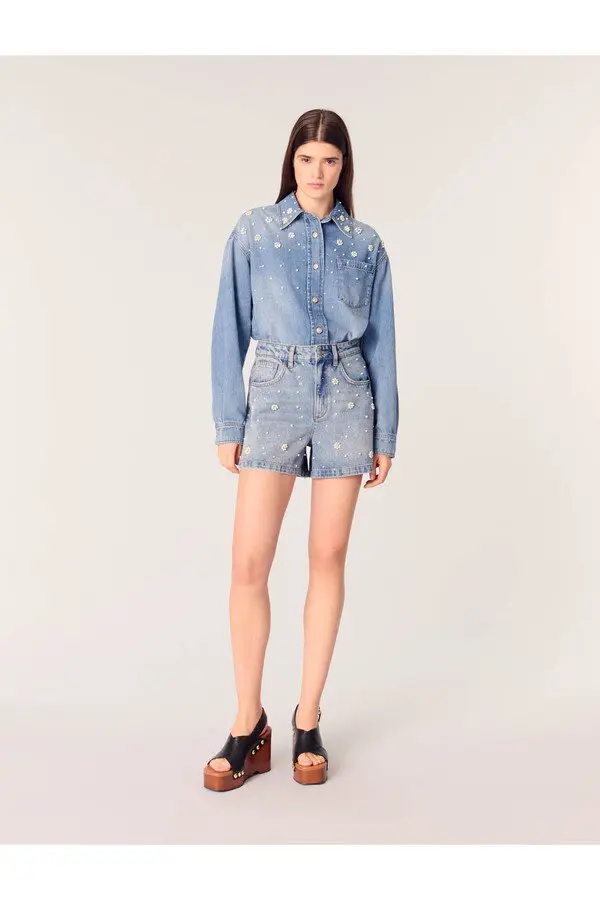Maje Denim Shorts With Embroidered Beads - Blue
