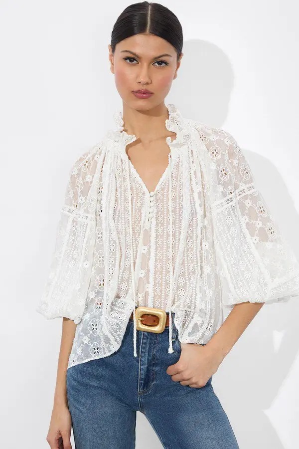 Alice + Olivia Norah Eyelet Blouse - White