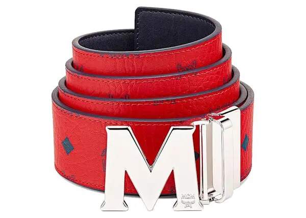 Mcm Claus M Reversible Belt Visetos Monogram - Red/silver