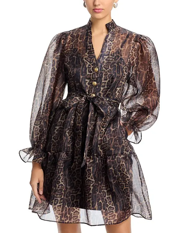 NANCY YANG Organza Leopard Print Tiered Dress
