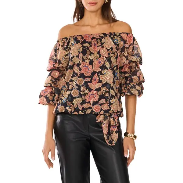 Vince Camuto Floral Off-the-shoulder Bubble Sleeve Top - Rich Black