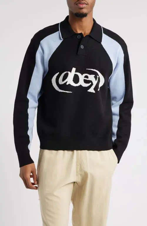 Obey Soccer Long Sleeve Cotton Polo Sweater - Faded Black Multi