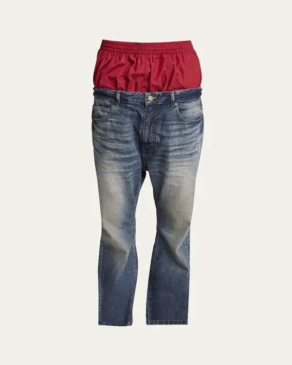 Balenciaga Double-layer Denim And Nylon Pants