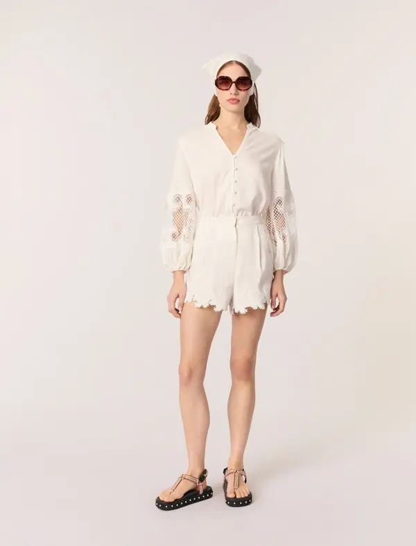 Maje Embroidered Floral Viscose Shorts - Ecru