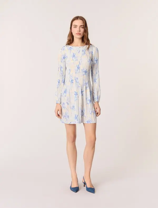 Maje Patterned Pleated Mini Dress - Blue Flower Print Ecru Base