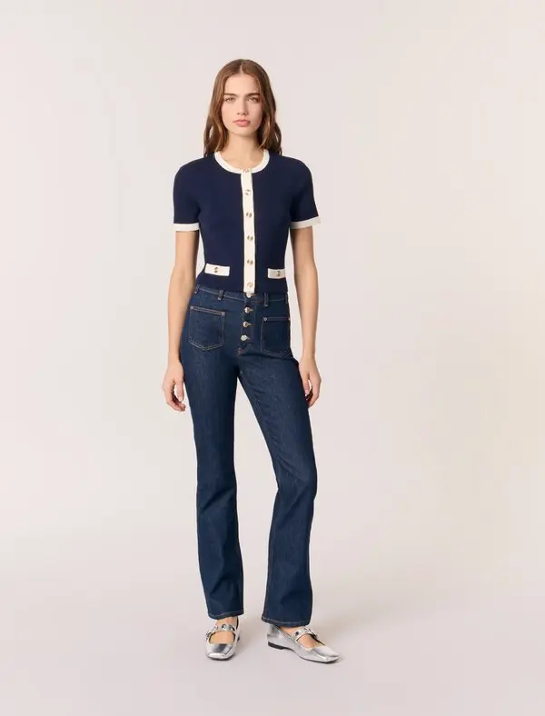Maje Cropped Cotton Cardigan - Navy / Ecru