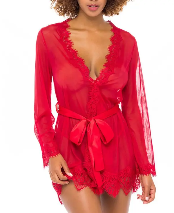 OH LA LA CHERI Provence Eyelash Lace Robe With Sash And G-string Panty - Red
