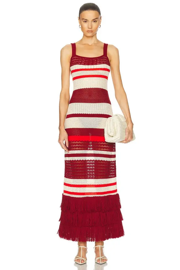 Johanna Ortiz Embayed Dress - Antique Ecru  Wine  & Red
