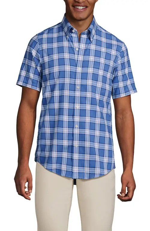 LANDS' END Short Sleeve No Iron Twill Shirt - Mariner Blue Plaid
