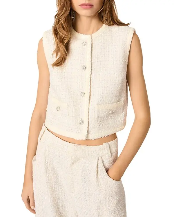 Maje Sequin Tweed Sleeveless Jacket - Ecru