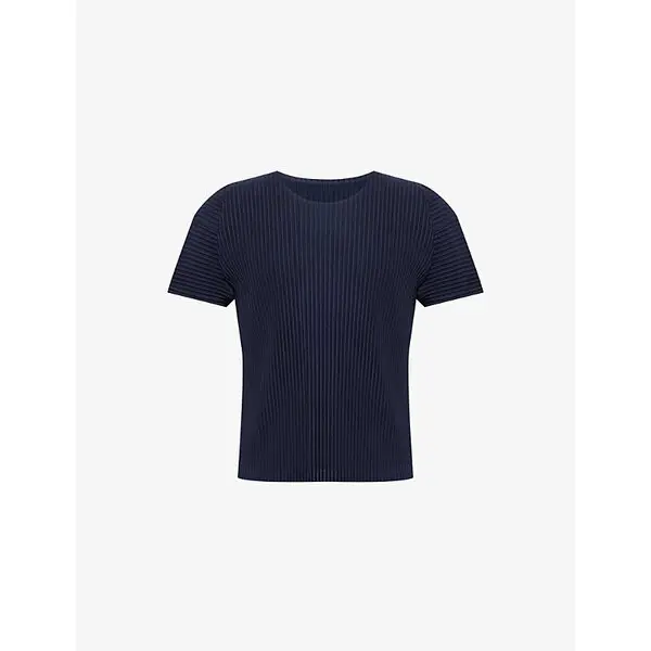 Issey Miyake Round-neck Pleated Knitted T-shirt - Navy