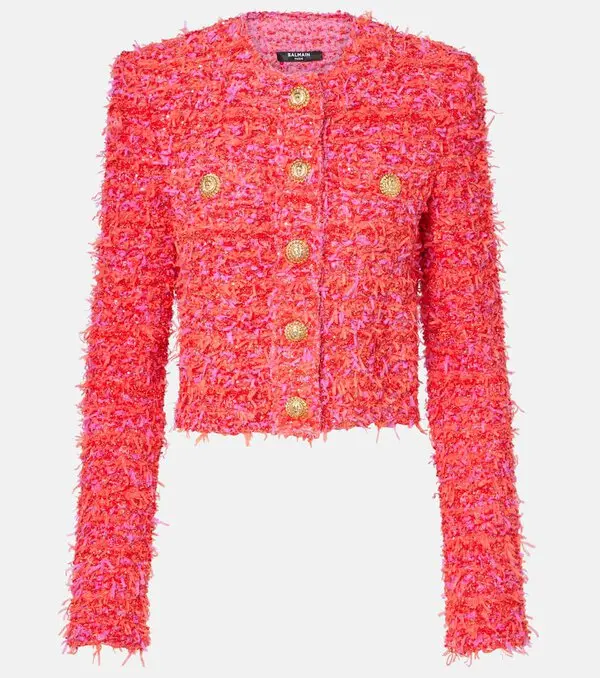 Balmain Sequined Cropped Tweed Jacket - Pink