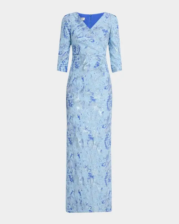 Rickie Freeman For Teri Jon Pleated Metallic Jacquard Column Gown