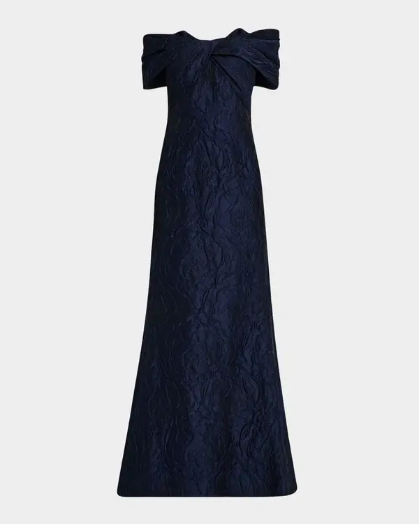 Rickie Freeman For Teri Jon Off-shoulder Jacquard Gown - Navy