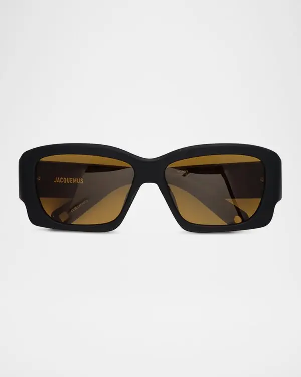 Jacquemus Croisière Rectangle Sunglasses - Black Matt Silver Amber