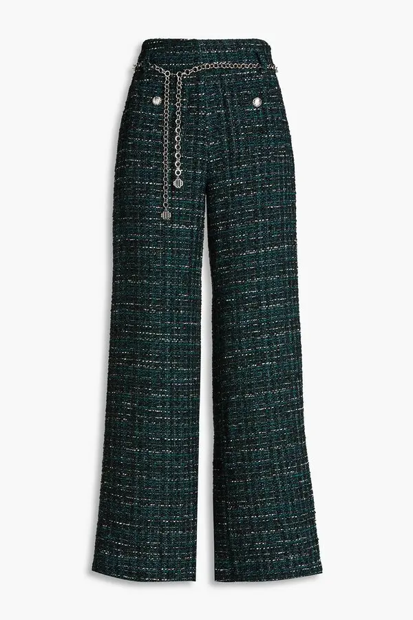 Maje Belted Metallic Bouclé-tweed Wide-leg Pants