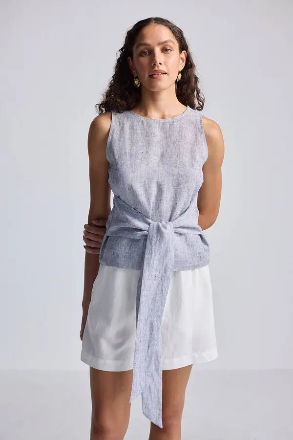 REISTOR Front-tie Linen Top - Stripe
