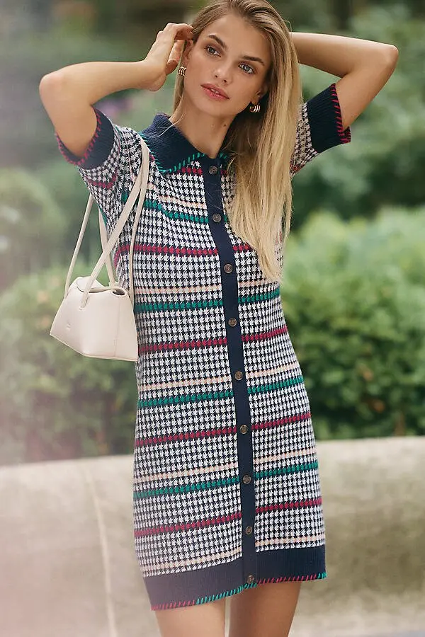 Maeve Buttondown Sweater Shift Mini Dress - Multi Plaid