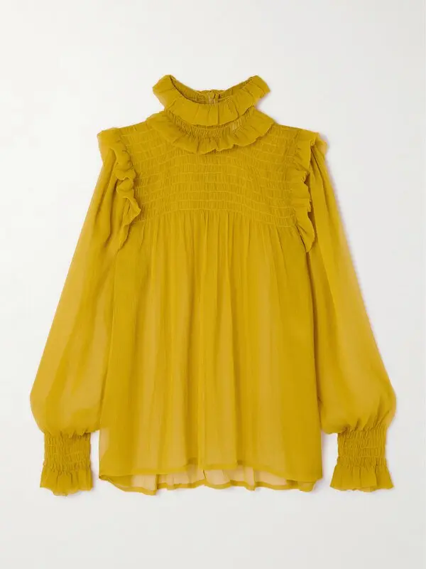 Saint Laurent Smocked Ruffled Silk-crepon Blouse
