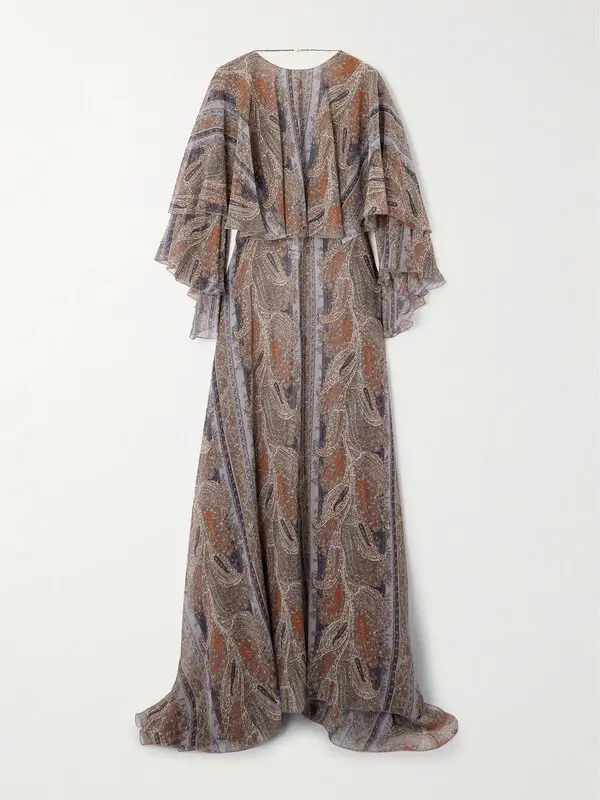 Saint Laurent Open-back Cape-effect Paisley-print Maxi Dress