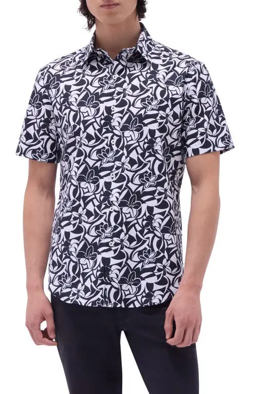 Bugatchi Orson Floral Short Sleeve Stretch Cotton Button-up Shirt - Black