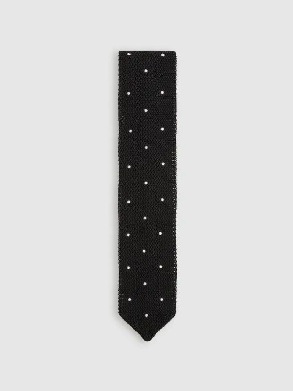 REISS Punto Spot Knitted Silk Tie - Black