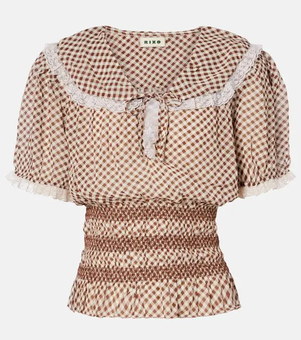Rixo Britt Gingham Shirred Crêpe Top