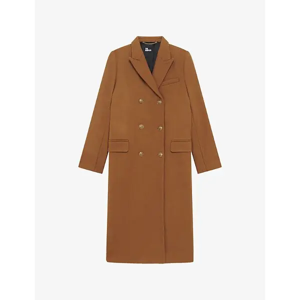 The Kooples Peak-lapel Double-breasted Wool-blend Coat - Camel Melange / Burgundy