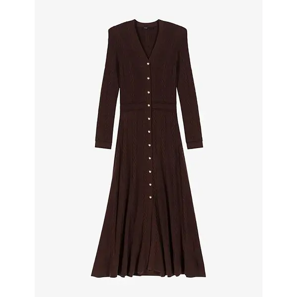Maje Buttoned V-neck Stretch-knit Midi Dress