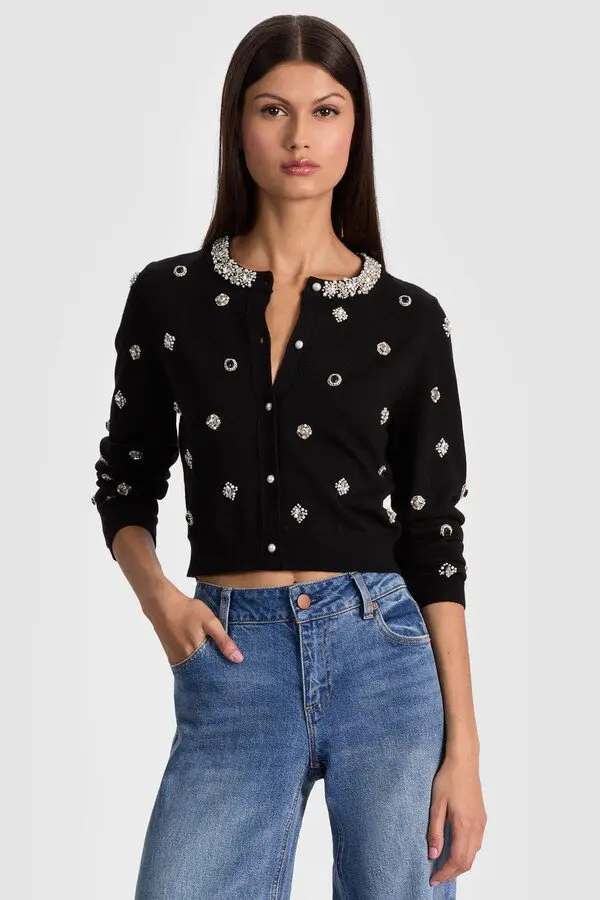Alice + Olivia Embellished Merino Wool Cropped Cardigan