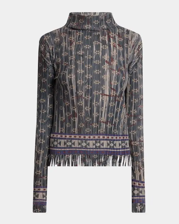 Giorgio Armani Geo Print Plisse Jersey Top With Fringe