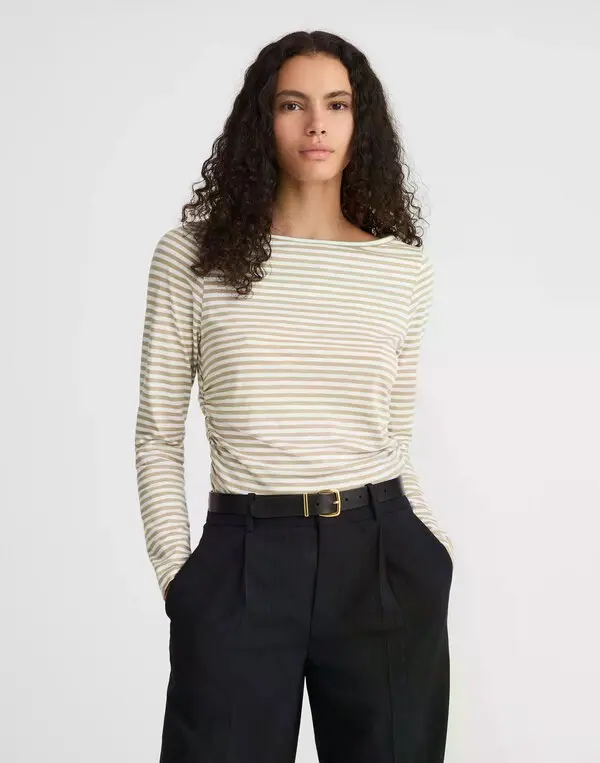 Madewell Striped Ruched Crewneck Long-sleeve Tee In 100% Cotton - Coastal Dune