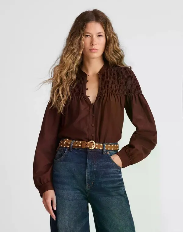 Madewell Cotton-silk Blend Smocked Top - Chocolate Raisin