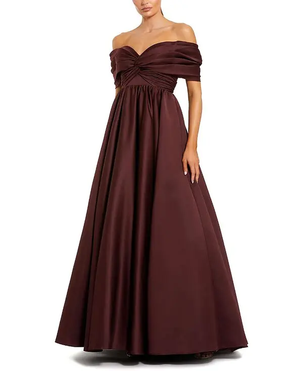 Mac Duggal Satin Off The Shoulder Twist Evening Ballgown