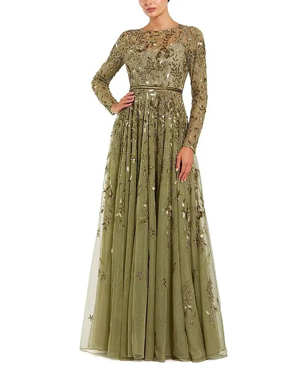 Mac Duggal Long Sleeve Embellished Floral Gown - Green