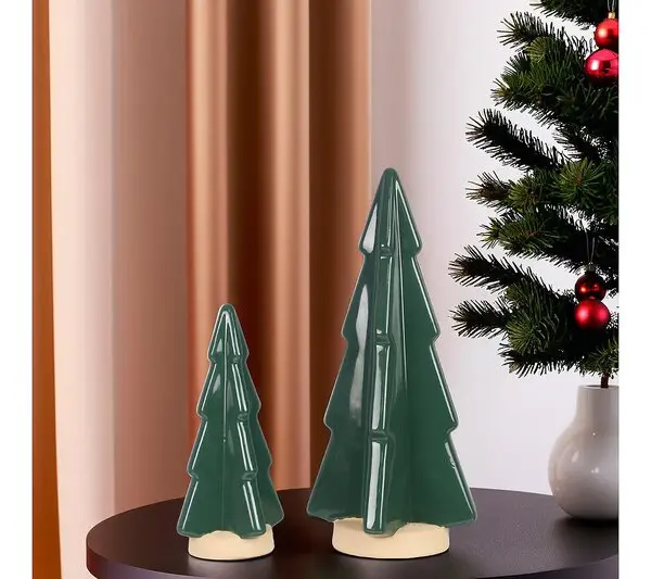YOUNG'S INC. Young's Green Stoneware Christmas Tree Tabletop, Set Of 2