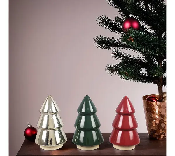 YOUNG'S INC. Young's Stoneware Christmas Tree In Gloss Glaze, Set Of 3