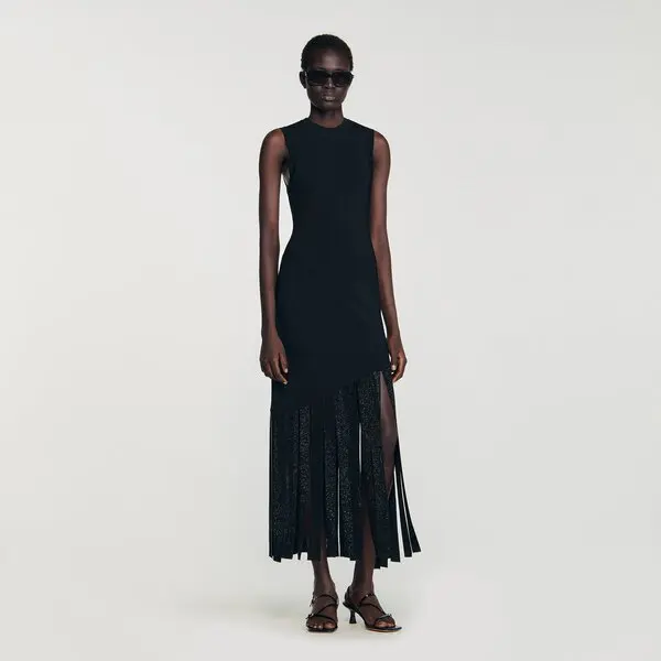 Sandro Sleeveless Knit Maxi Dress With Fringe