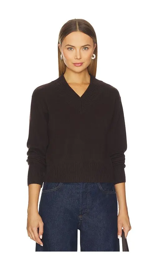 WHITE & WARREN Cashmere Wide Rib Trim V-neck Top