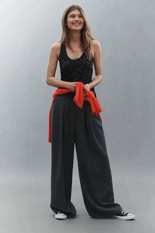 Anthropologie Slouchy Sequ Scoop Tank Top - Black Onyx